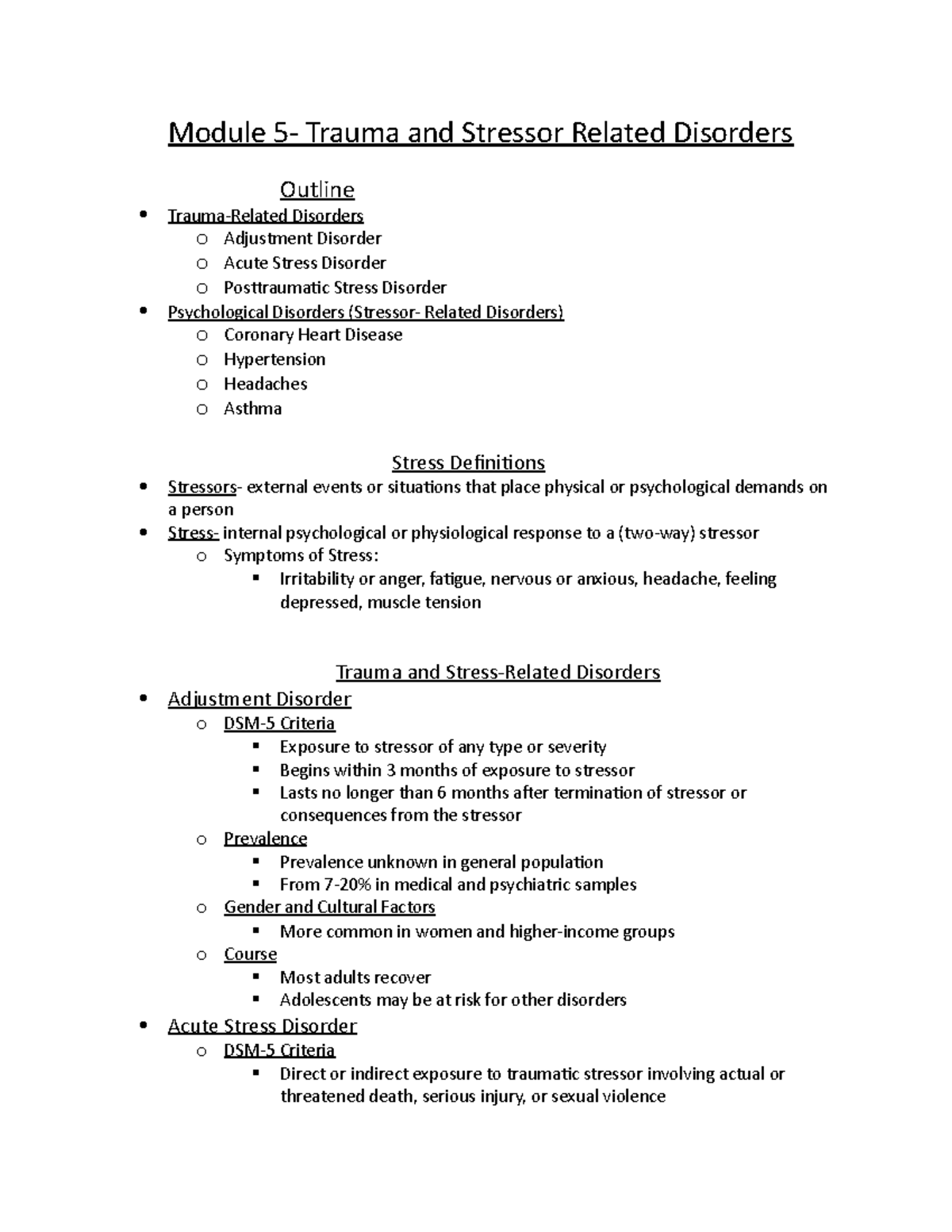 Module 5 Abnormal Psychology - Module 5- Trauma and Stressor Related ...