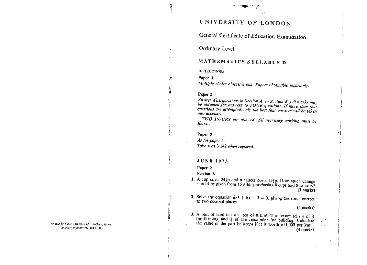 London GCE O Level Syllabus D June1973-Jan1975 - UNIVERSITY OF LONDON ...