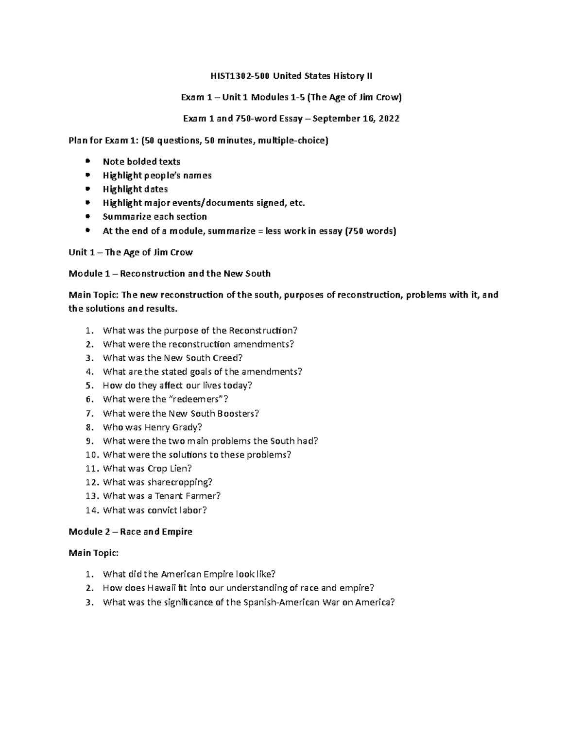 HIST1302 Exam 1 Study Guide - HIST1302-500 United States History II ...