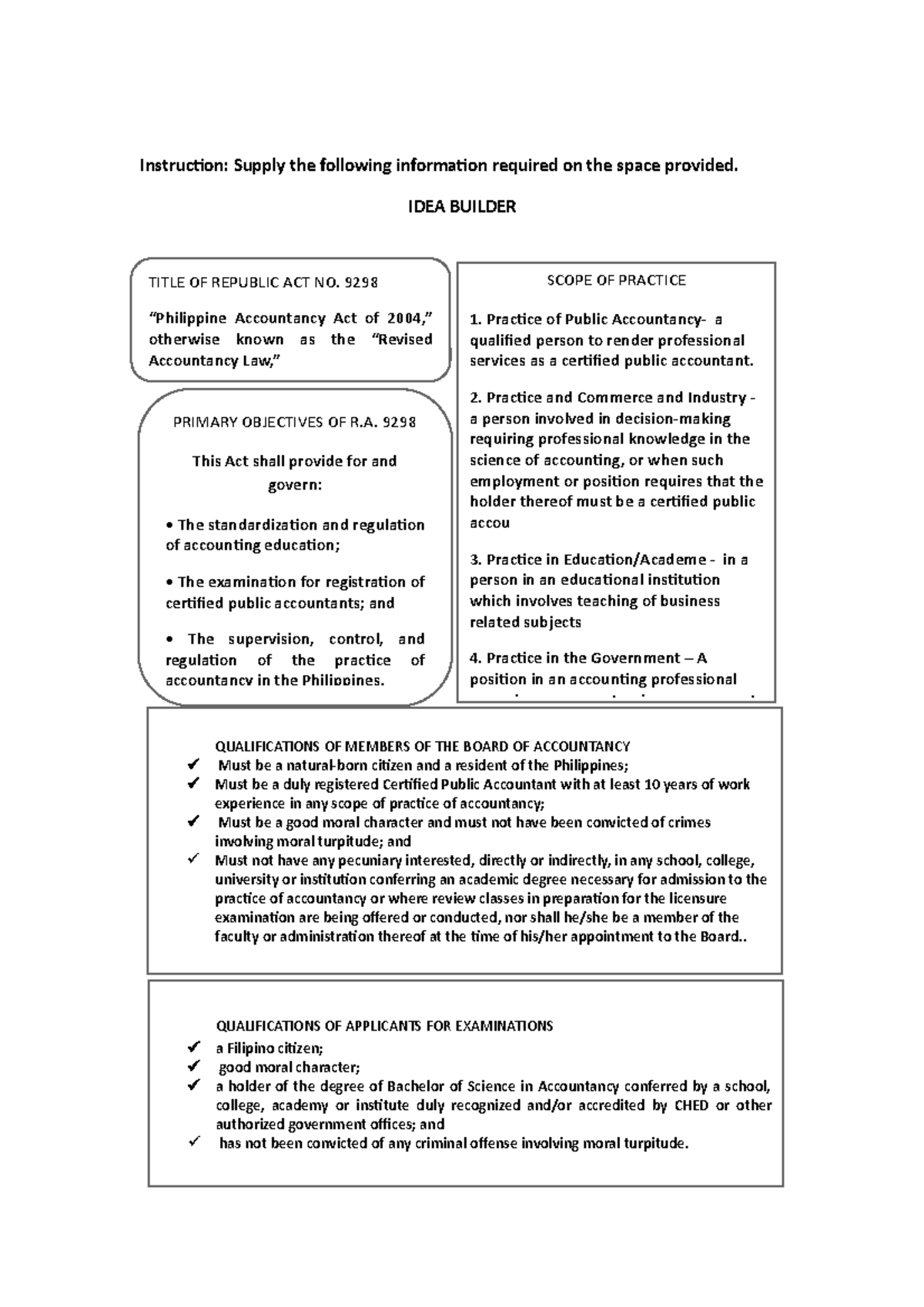 AAP Idea Builder - Activity about Accounting - Instruction: Supply the ...