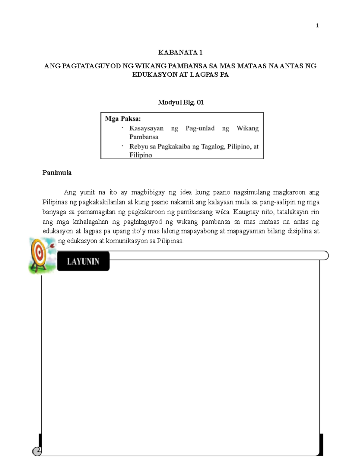 KAB 1 - Modyul 1 - KABANATA 1 ANG PAGTATAGUYOD NG WIKANG PAMBANSA SA ...