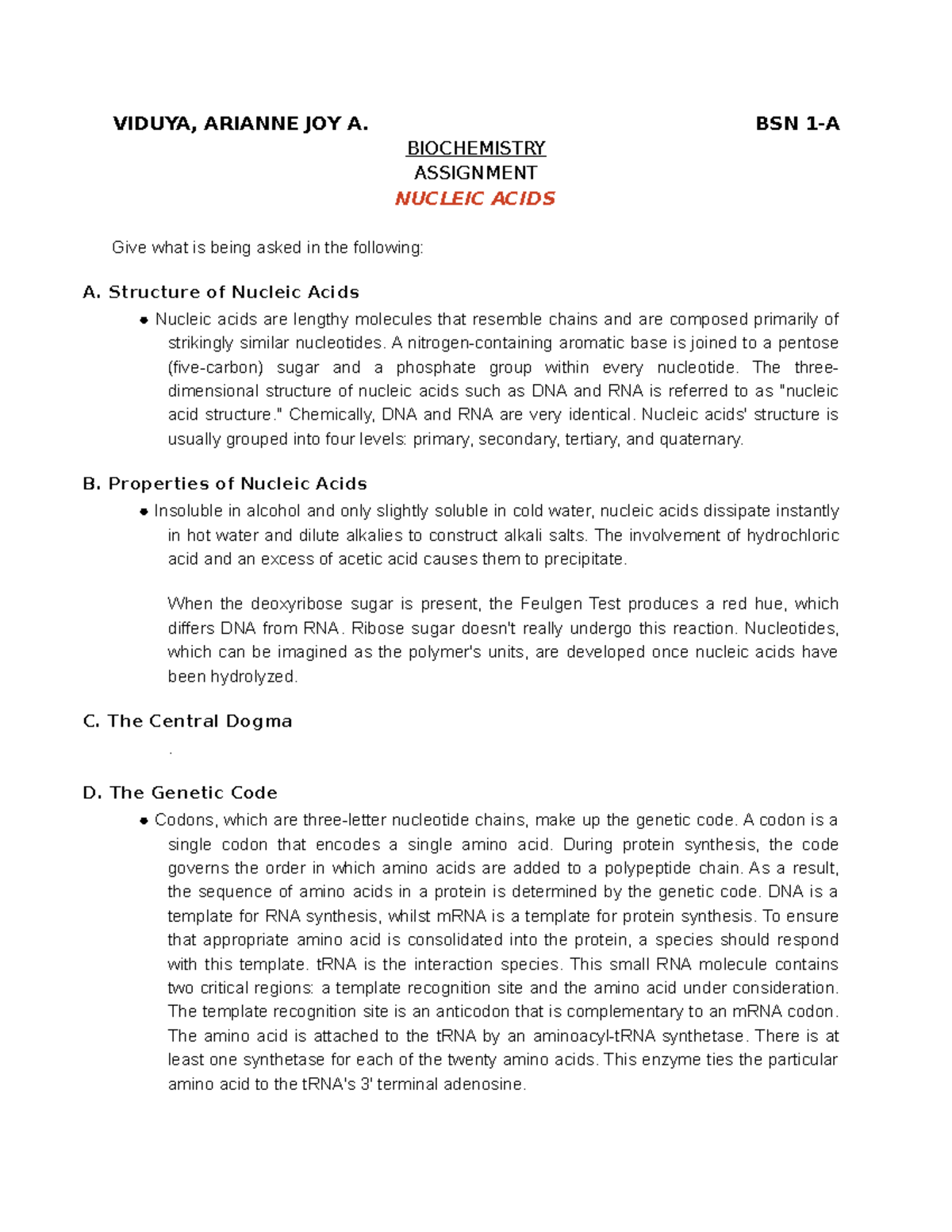 Nucleic- Acids- Biochem - VIDUYA, ARIANNE JOY A. BSN 1-A BIOCHEMISTRY ...