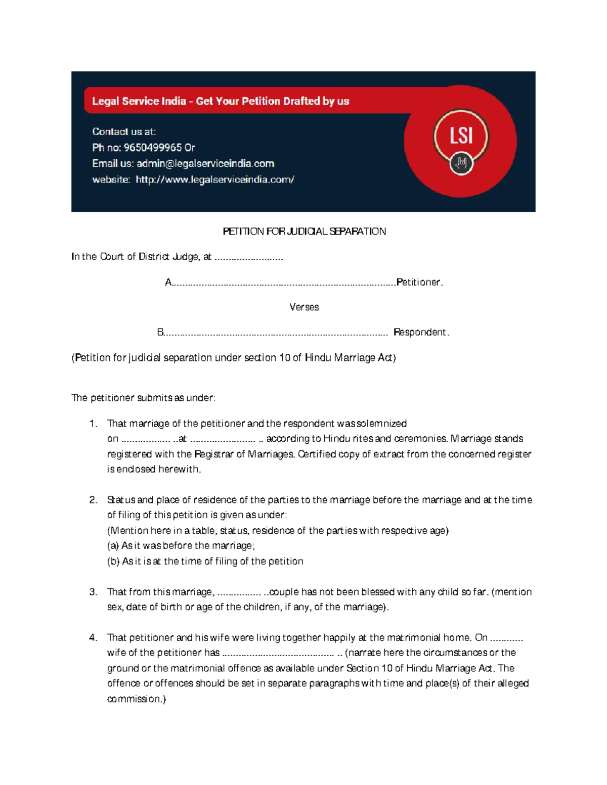 Petition for judicial separation section 10 - PETITION FOR JUDICIAL ...