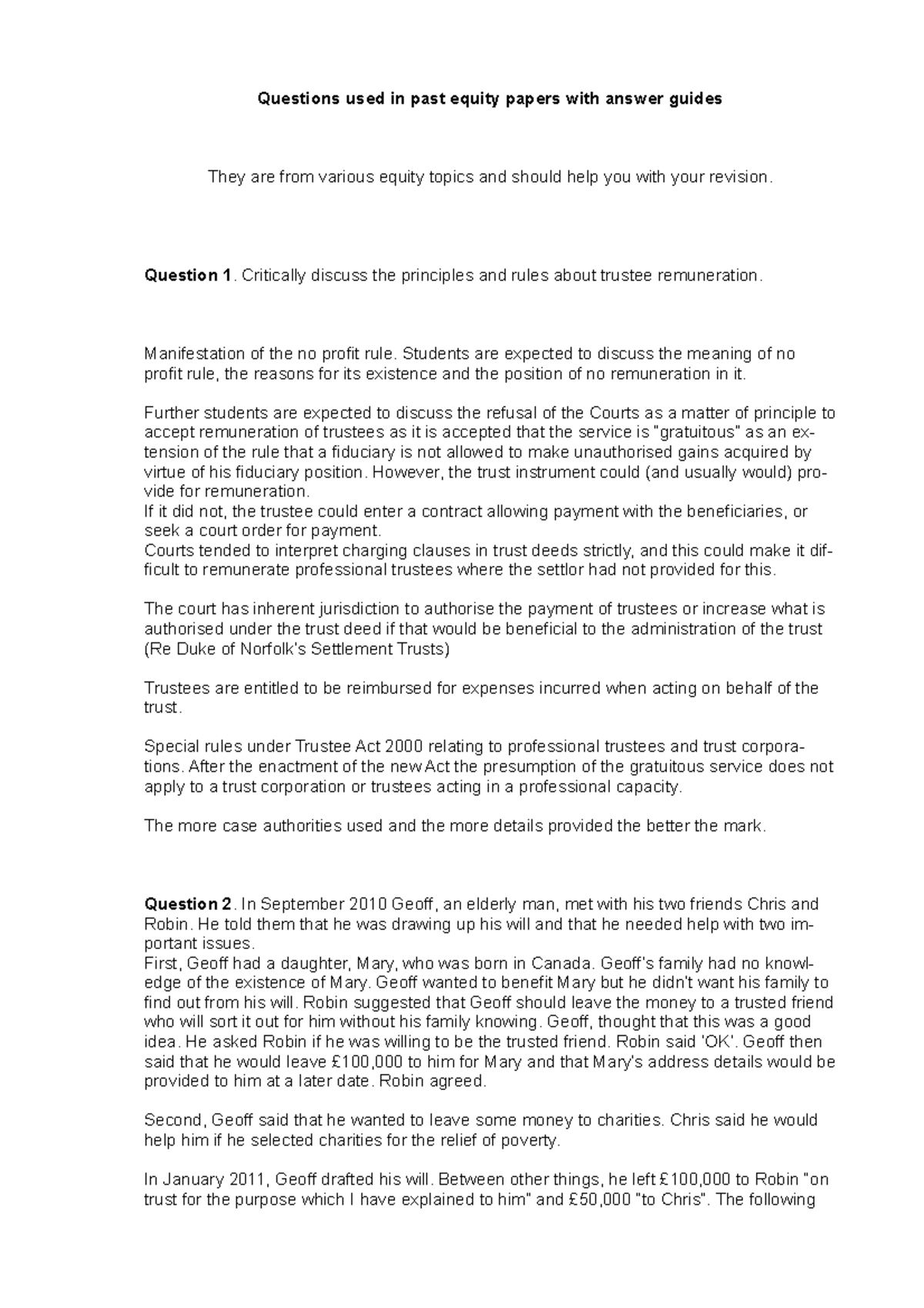 Equity past questions with answer guides - Questions used in past ...