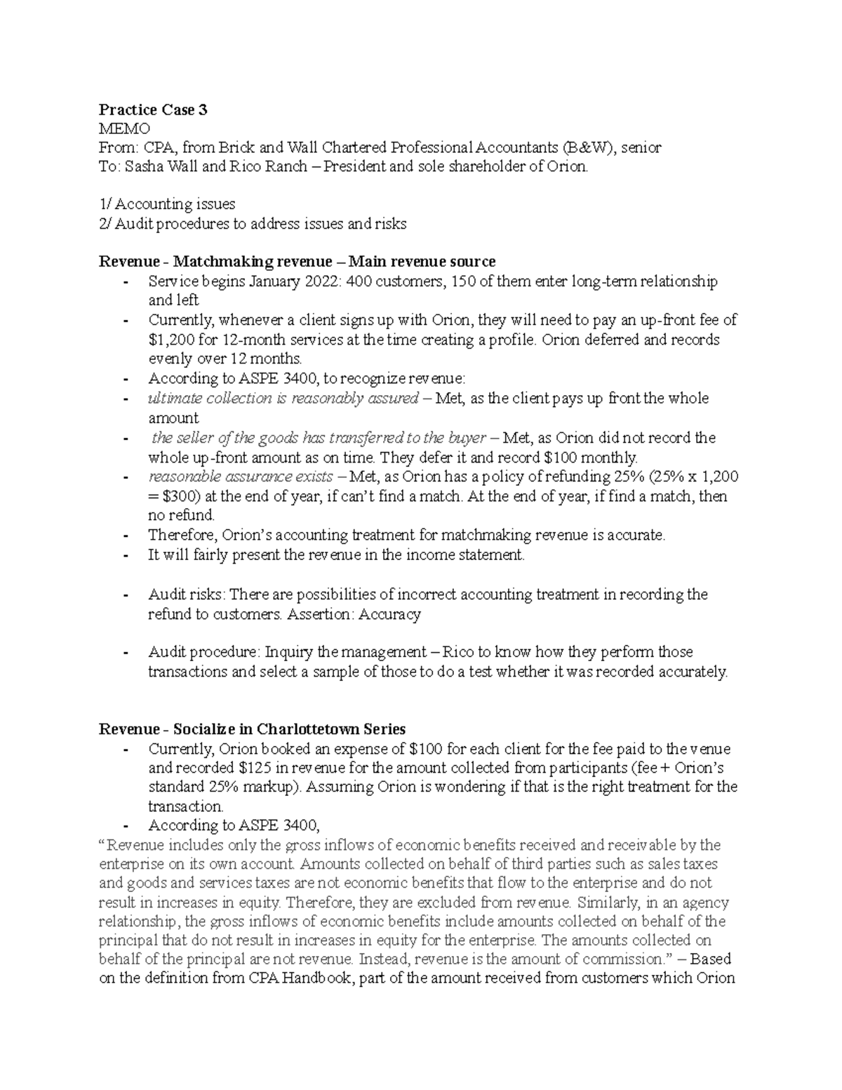 PC3 - Practice - Practice Case 3 MEMO From: CPA, from Brick and Wall ...