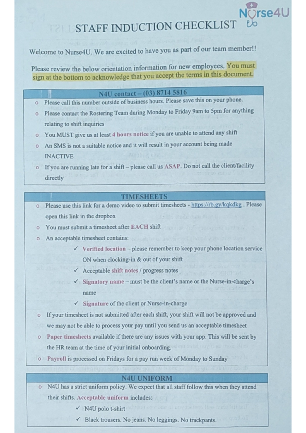 Staff Induction Checklist - NOrse4U STAFF INDUCTION CHECKLIST Welcome ...