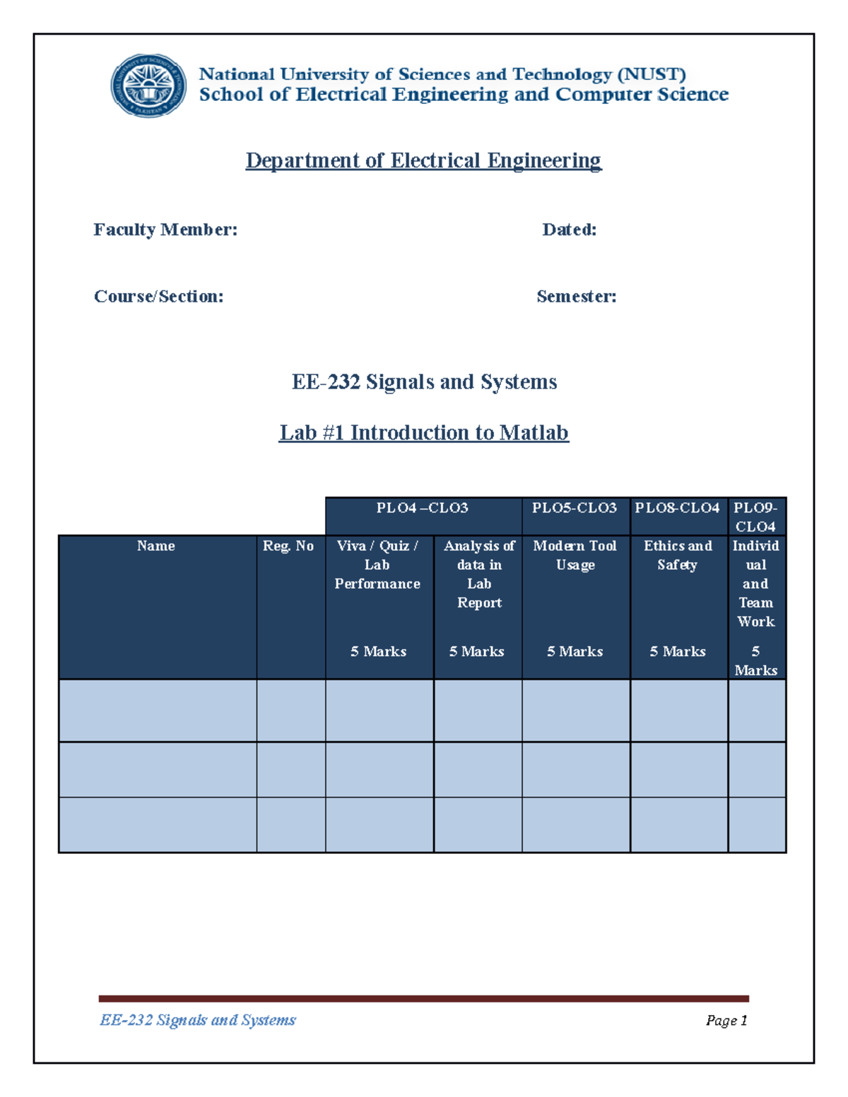 Lab 1 (Sn S) - Lab Report Signals and Systems. - Department of ...