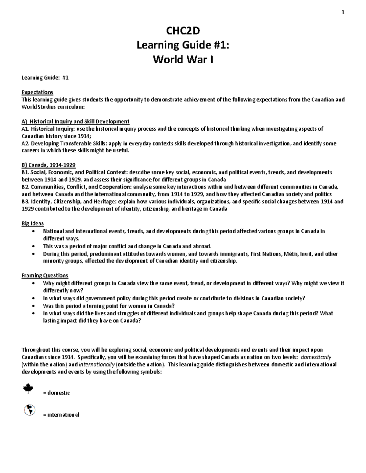 CHC2D-LGw#1-WW1 revised Sept 2020 - CHC2D Learning Guide #1: World War ...