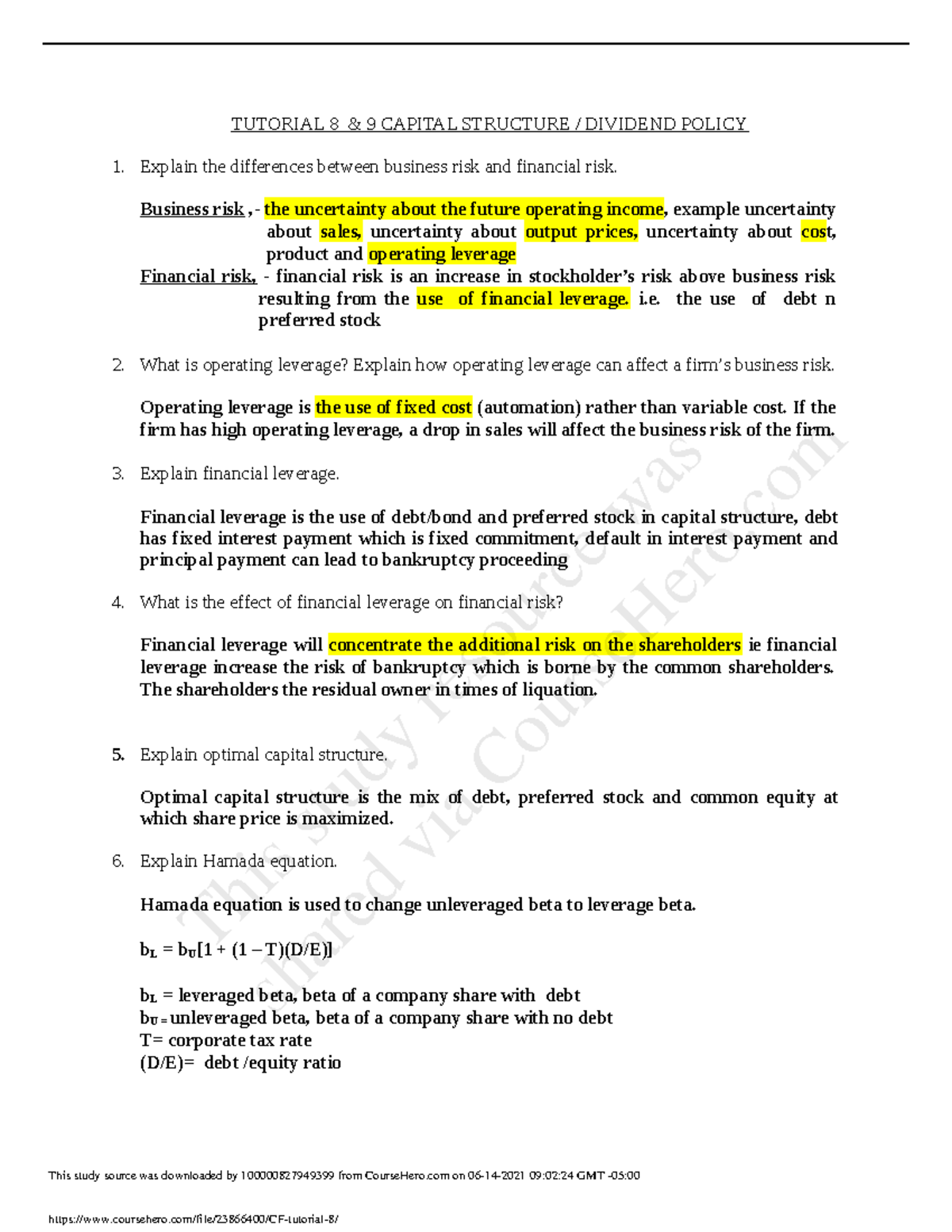 Docx - FInMan - TUTORIAL 8 & 9 CAPITAL STRUCTURE / DIVIDEND POLICY ...