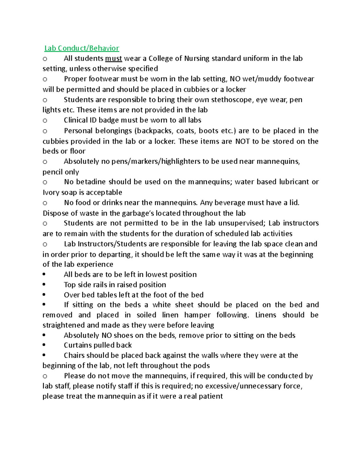 Lab Conduct - Lab info - Lab Conduct/Behavior o All students must wear ...