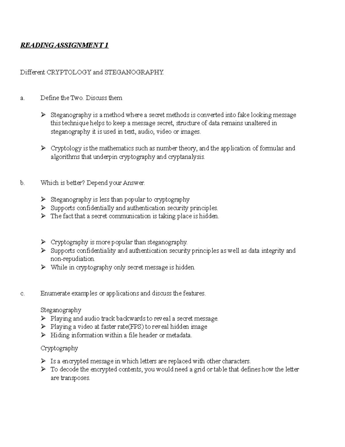 Reading Assignment 1 - READING ASSIGNMENT 1 Different CRYPTOLOGY and STEGANOGRAPHY. a. Define ...
