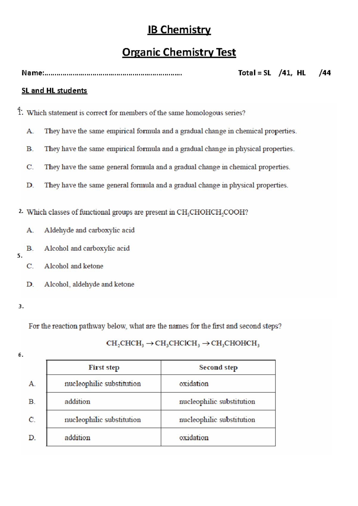 Organic Chemistry Test 2016 - IB Chemistry Organic Chemistry Test - Studocu
