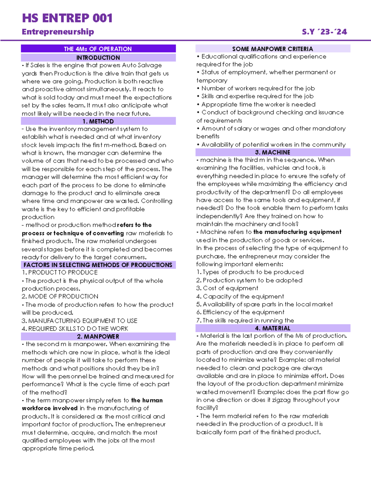 Entrep 001 - Notes - Entrepreneurship S ’23-‘ THE 4Ms OF OPERATION ...