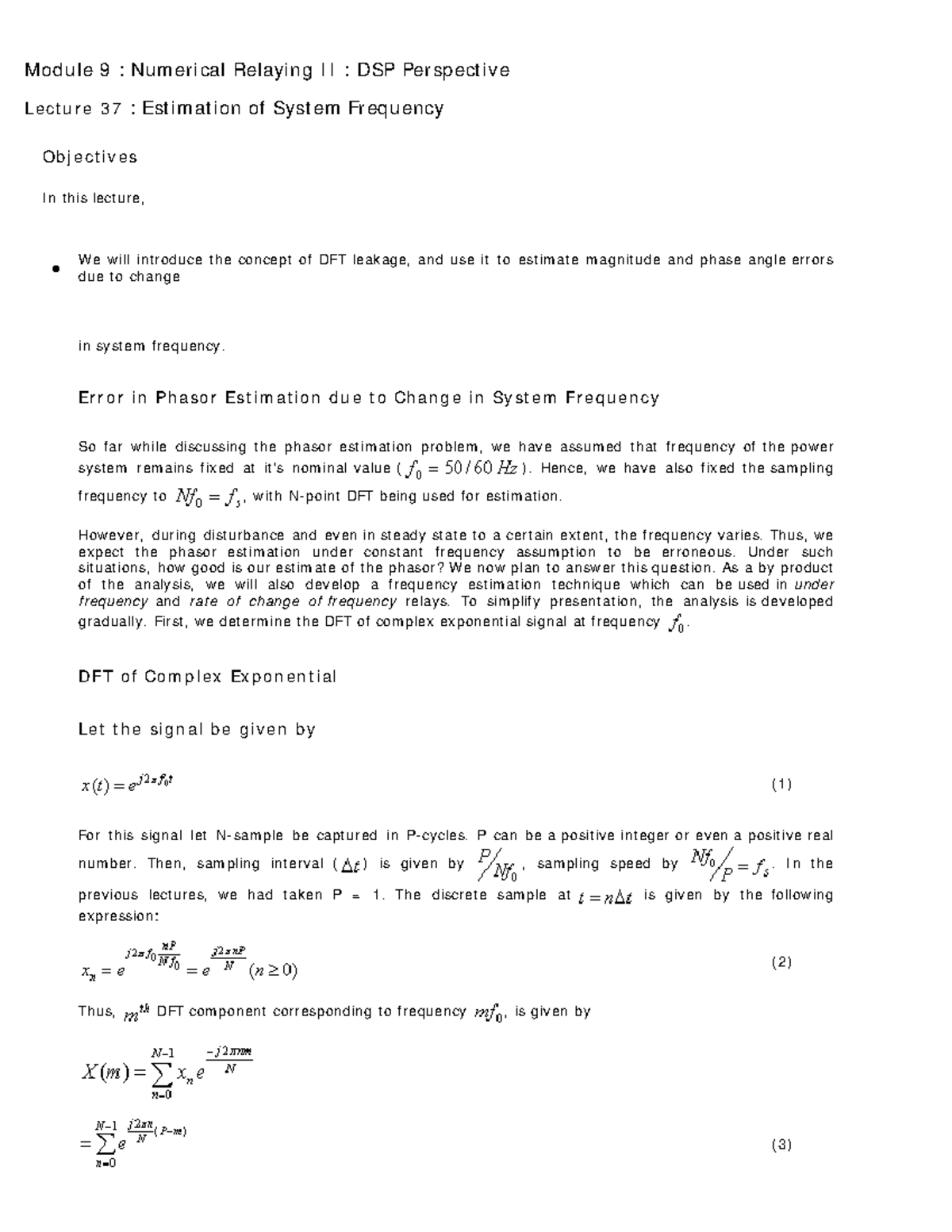 Lecture 37 Numerical Relaying Ii Dsp Perspective Estimation Of System Frequency Module 9