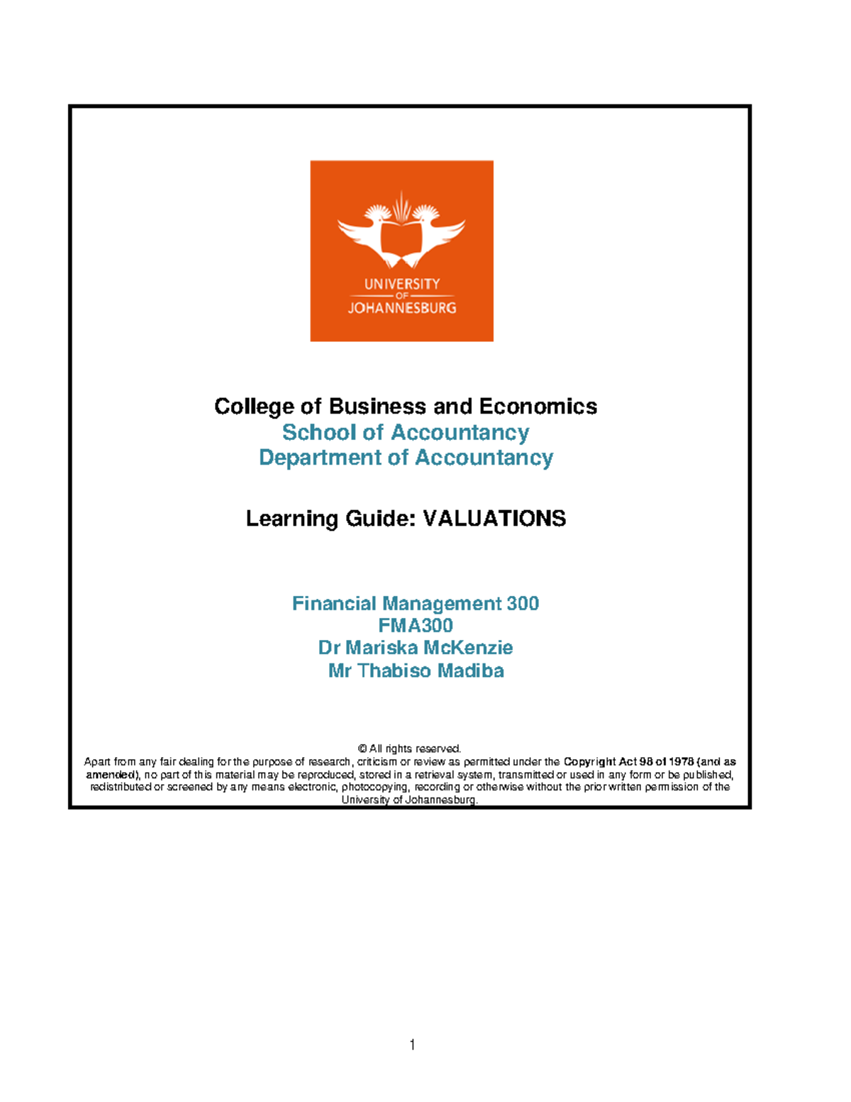Valuations learning guide - 1 College of Business and Economics School ...
