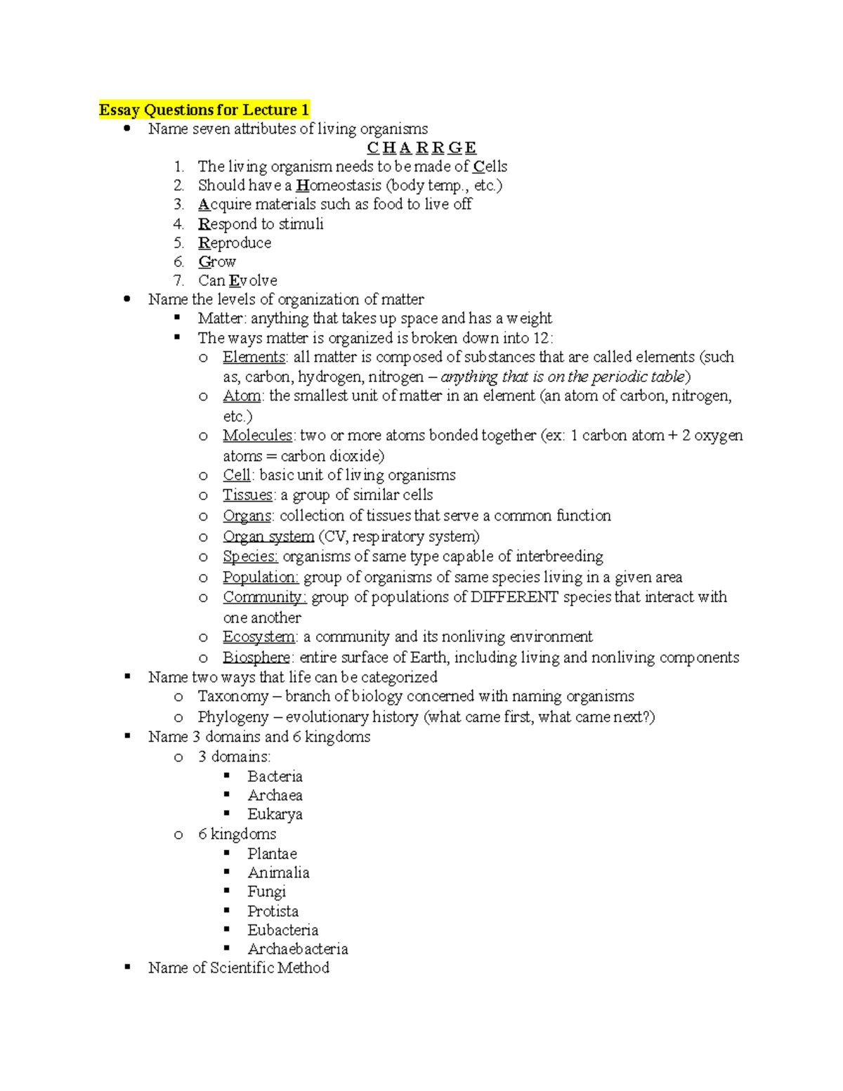 Lecture Essay Questions for lecture 1-21 (ENTIRE CLASS ESSAY QUESTIONS ...