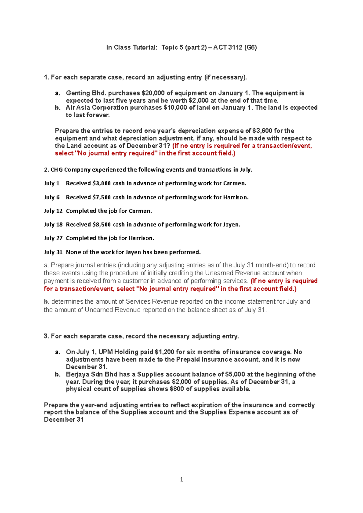 Exercise Adjusting entry Topc 5 - In Class Tutorial: Topic 5 (part 2 ...