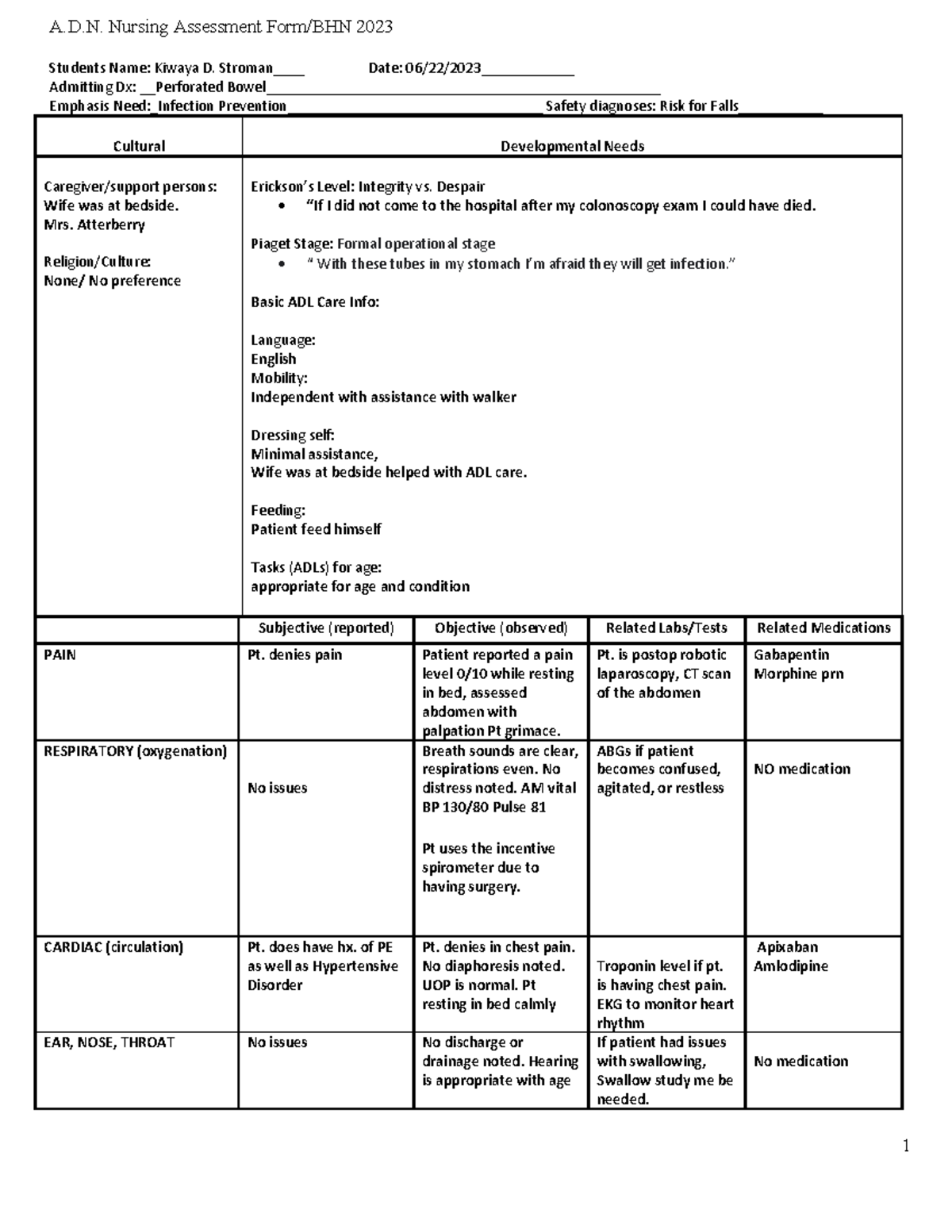 Kiwaya's BHN Week 1 - BHN - A.D. Nursing Assessment Form/BHN 2023 1 ...
