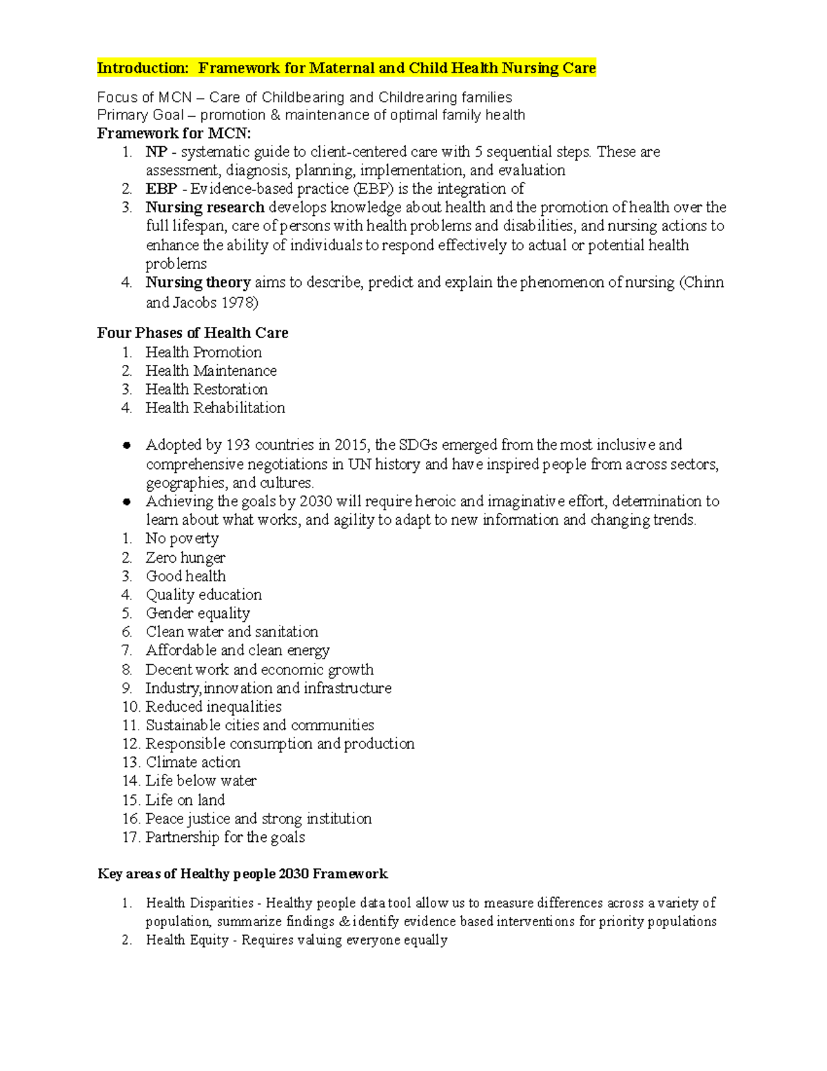 I. Introduction Framework for Maternal and Child Health Nursing Care ...