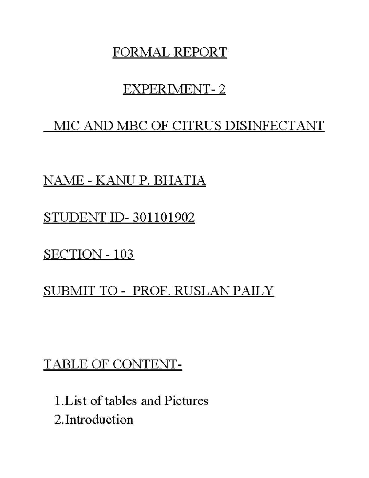 Formal report - assignment - FORMAL REPORT EXPERIMENT- 2 MIC AND MBC OF ...