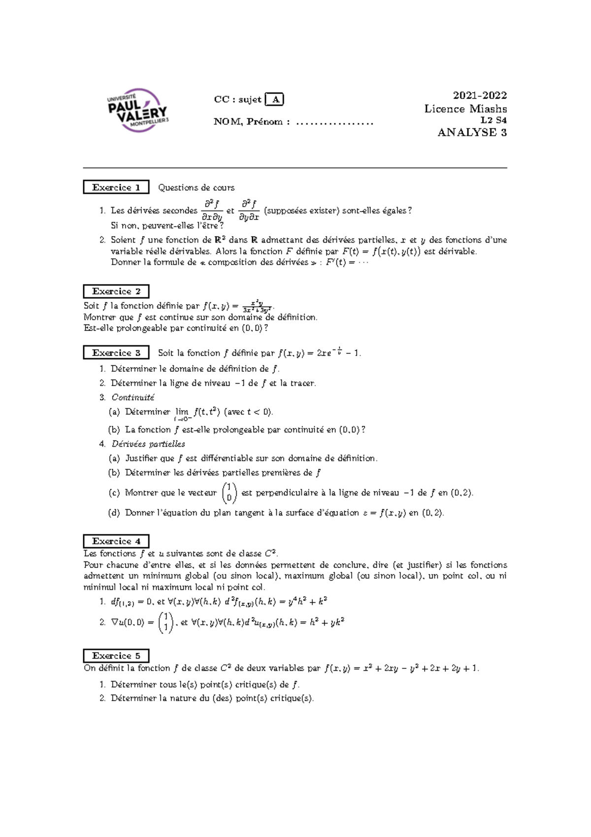 Partiel 1 Mars 2022 - CC : sujet ⇤ ⇥ A NOM, Pr ́enom :................. 2021- Licence Miashs L2 ...