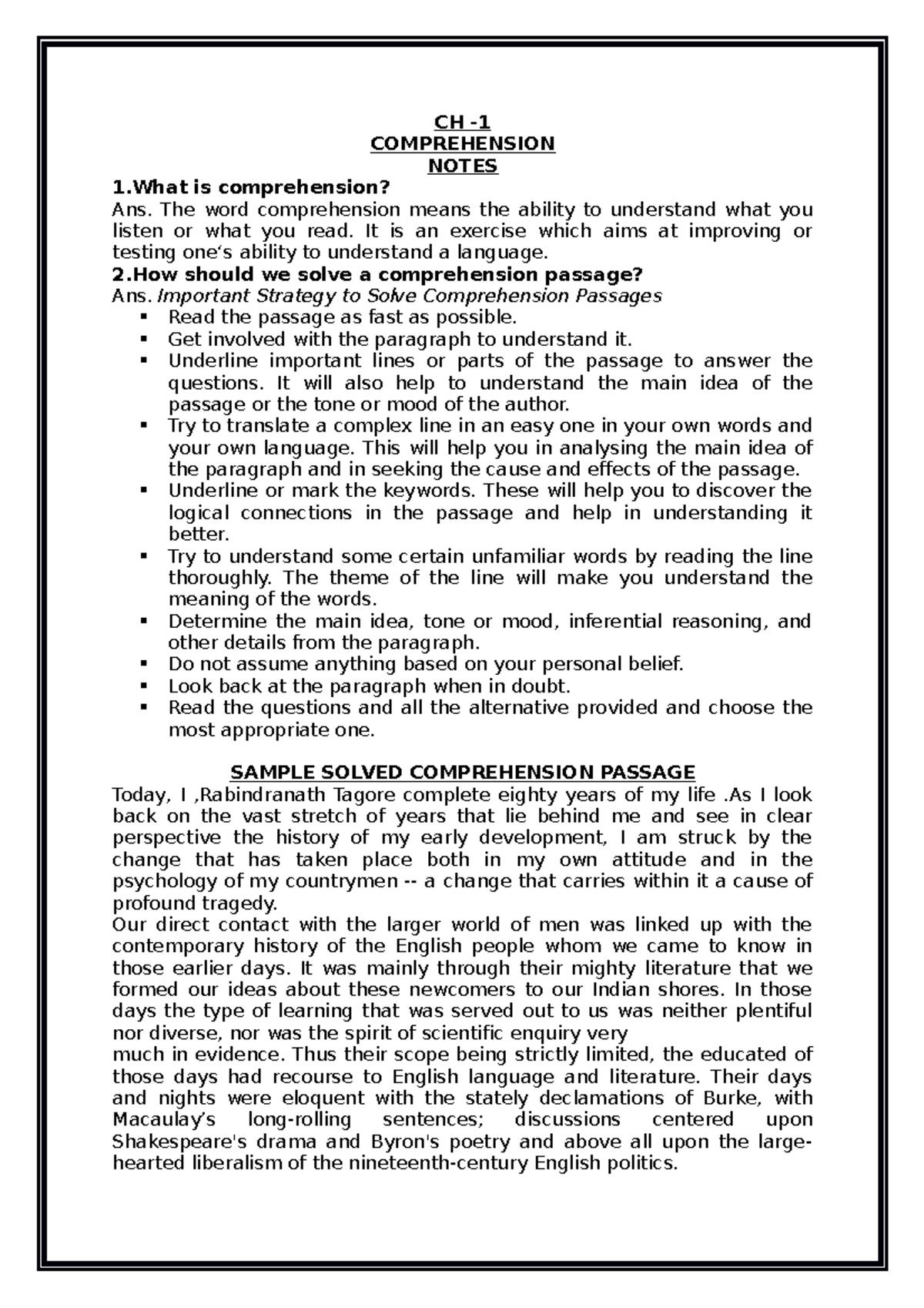 1 CP Notes - CH - COMPREHENSION NOTES 1 is comprehension? Ans. The word ...