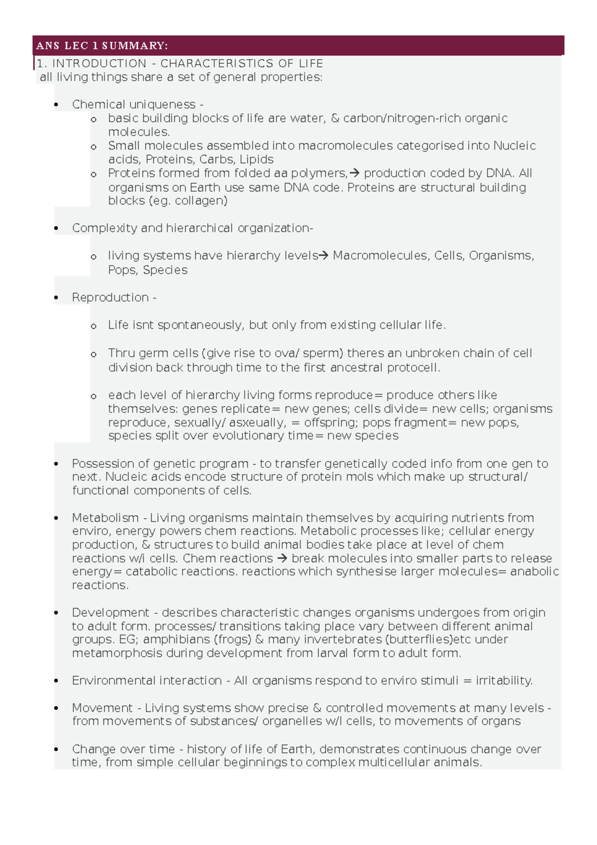Ans Lec Summaries Lecture 1 And 2 Ans Lec 1 Summary Introduction Characteristics Of Life