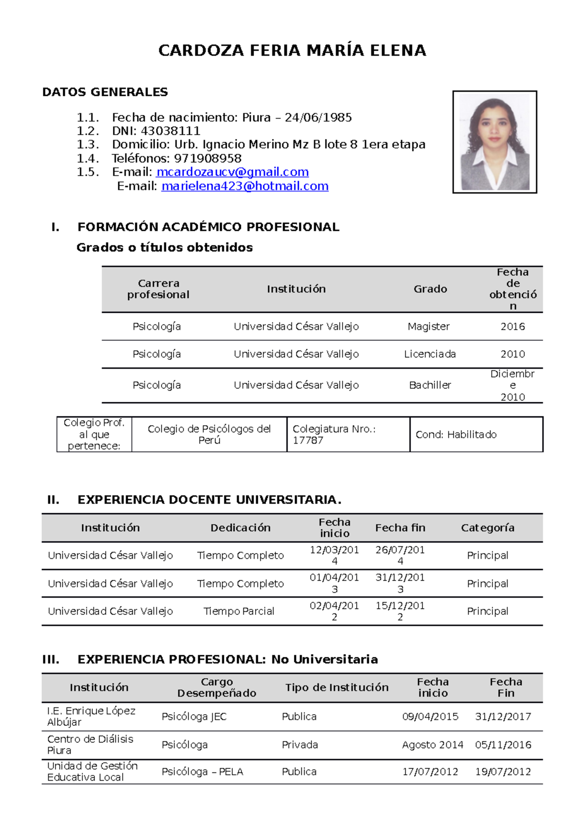 CV Maria Elena - curriculum vitae - CARDOZA FERIA MARÍA ELENA DATOS ...
