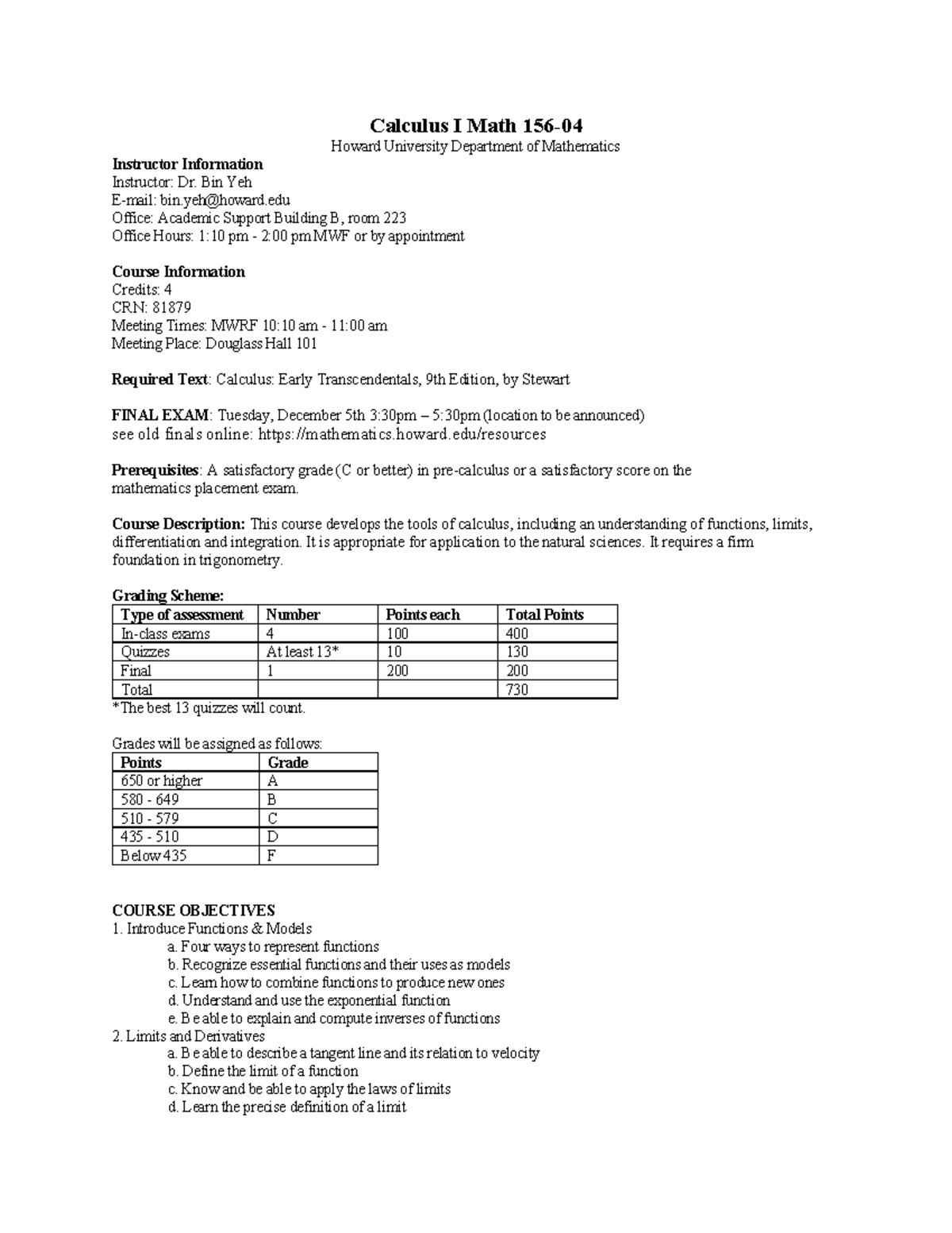 Calc syllabus - Summary Calculus I - Calculus I Math 15 6 - 04 Howard ...