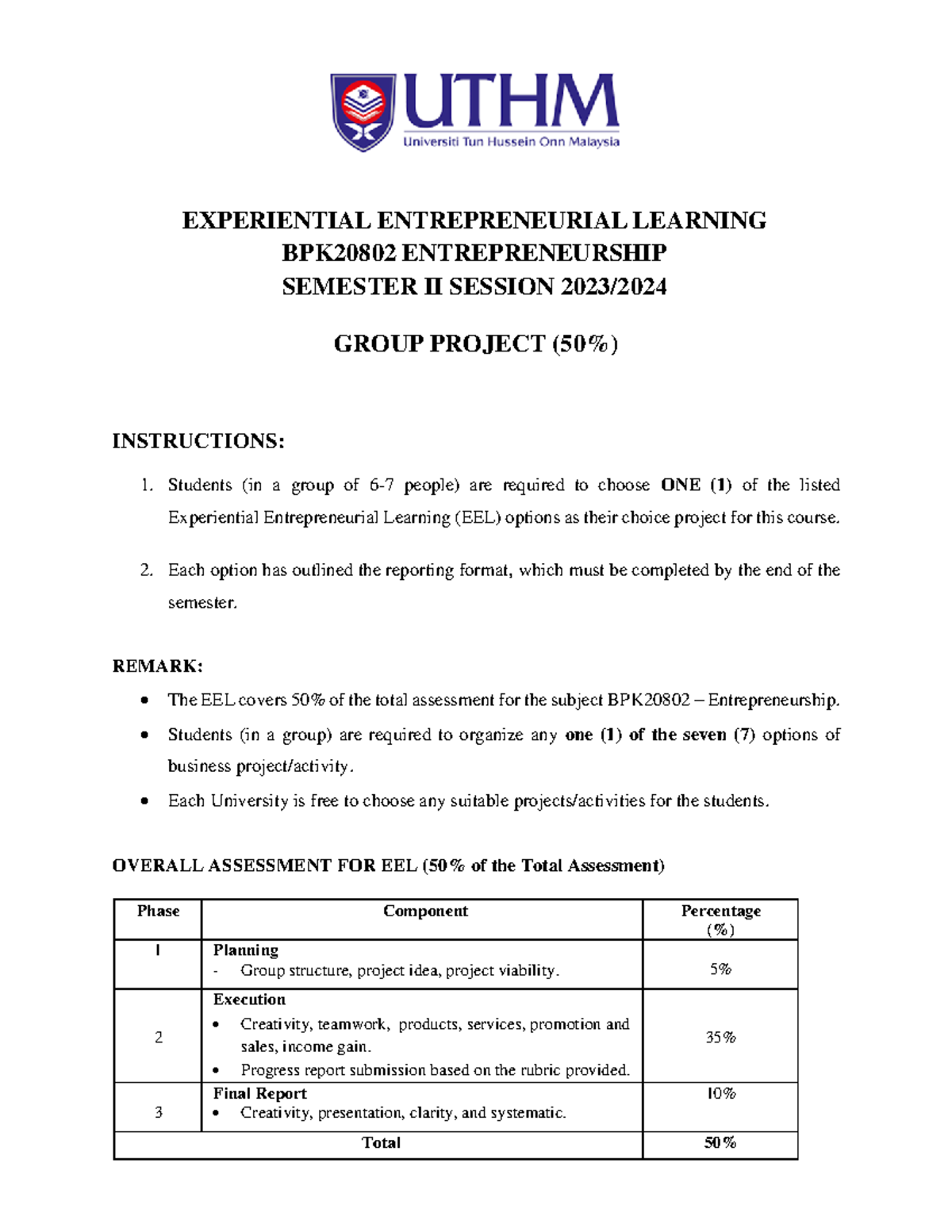 Bpk20802 groupassignment sem2 20232024-eel guideline - EXPERIENTIAL ENTREPRENEURIAL LEARNING ...