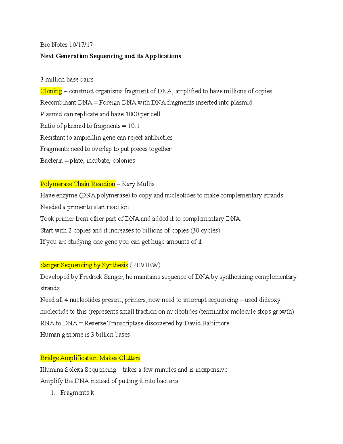 Bio Notes 10:17 next generation sequencing - Bio Notes 10/17/17 Next ...