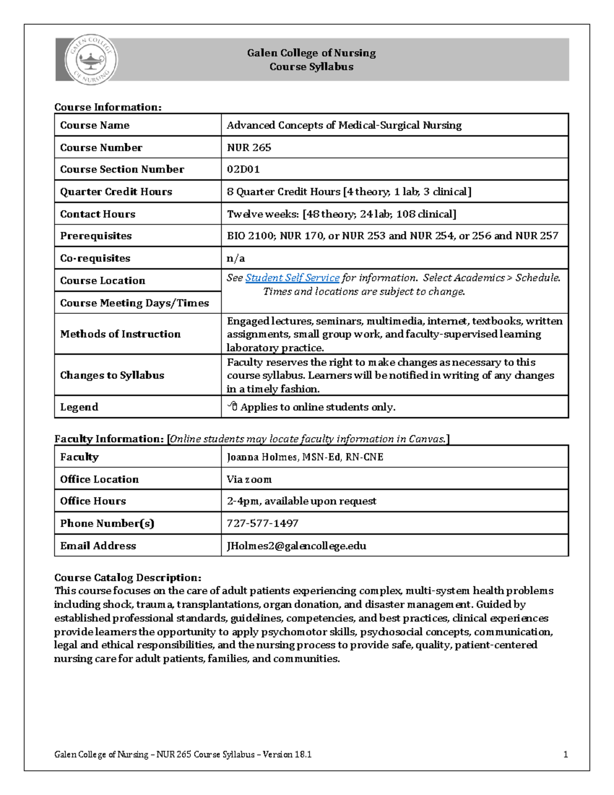 NUR 265 Syllabus Version 18-1 Holmes Spring 2023 D01 -1522558910 ...