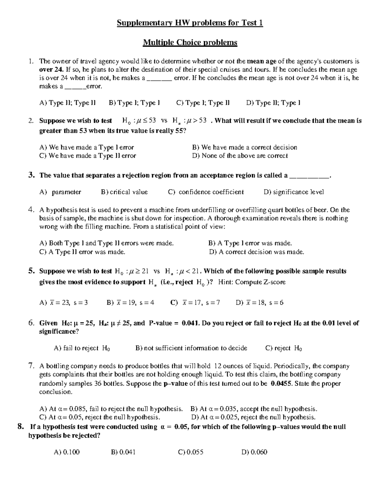 HW Test 1 3123 - Supplementary HW problems for Test 1 Multiple Choice ...