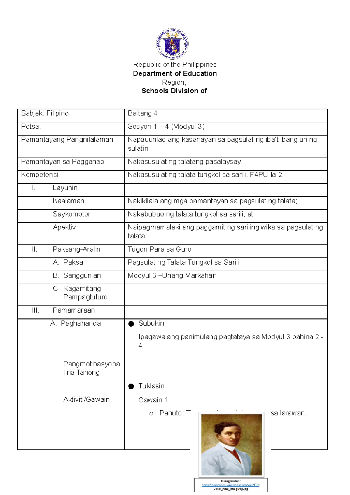 Grade 4 - Lesson PLAN Week 3 - Republic of the Philippines Department ...