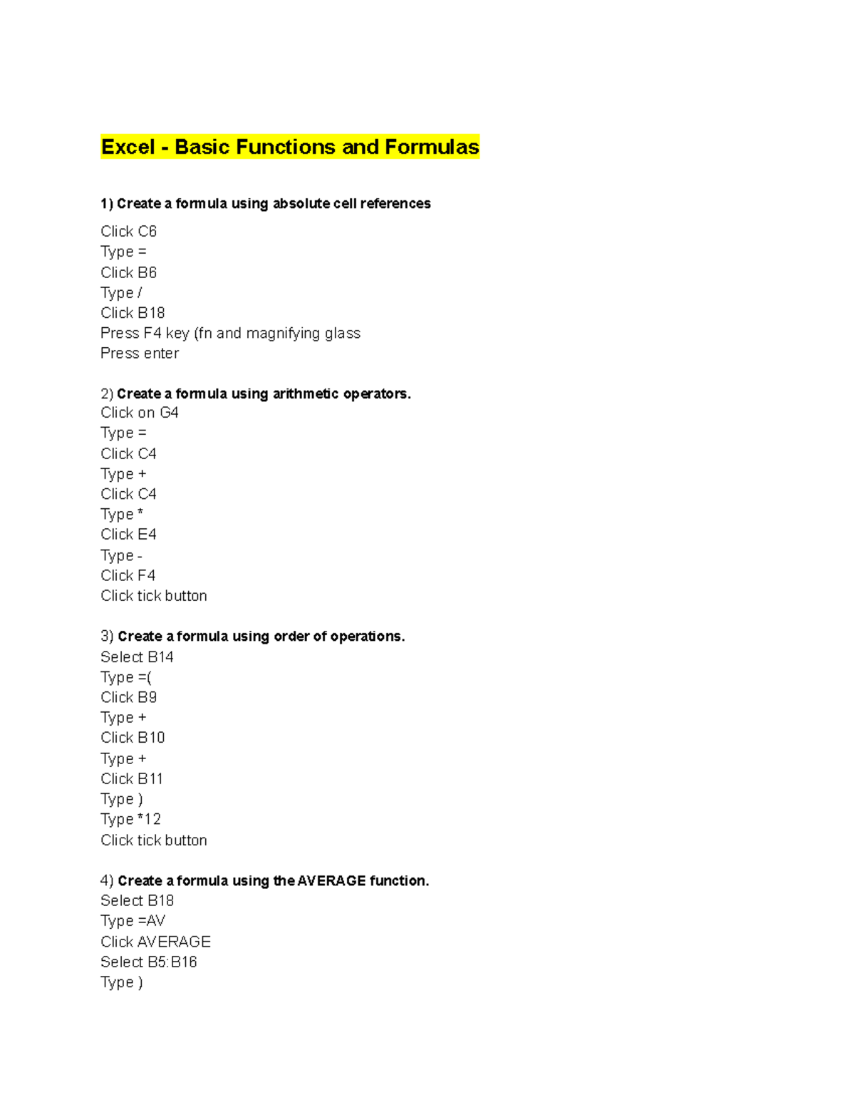 Sam cengage activities - Excel - Basic Functions and Formulas 1) Create ...