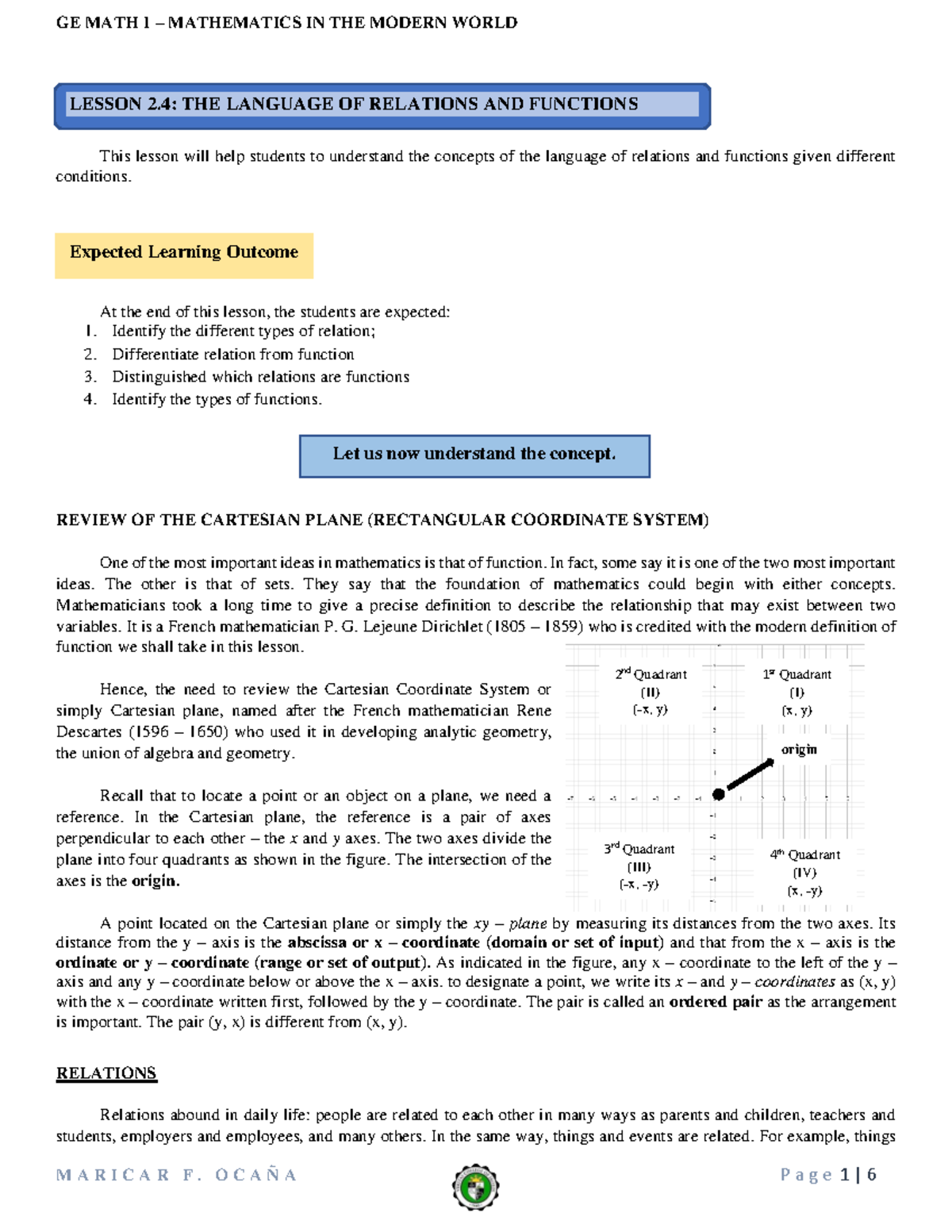 Module 2 lesson 4 - LESSON 2: THE LANGUAGE OF RELATIONS AND FUNCTIONS ...