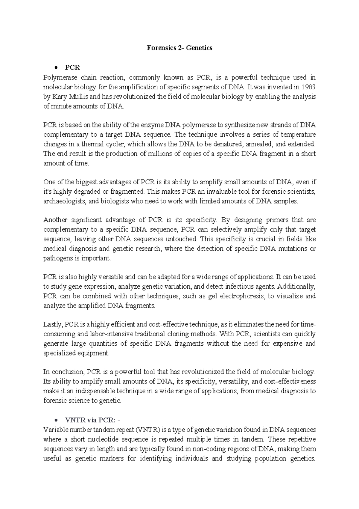 Forensics 2- genetics - Forensics 2- Genetics • PCR Polymerase chain ...
