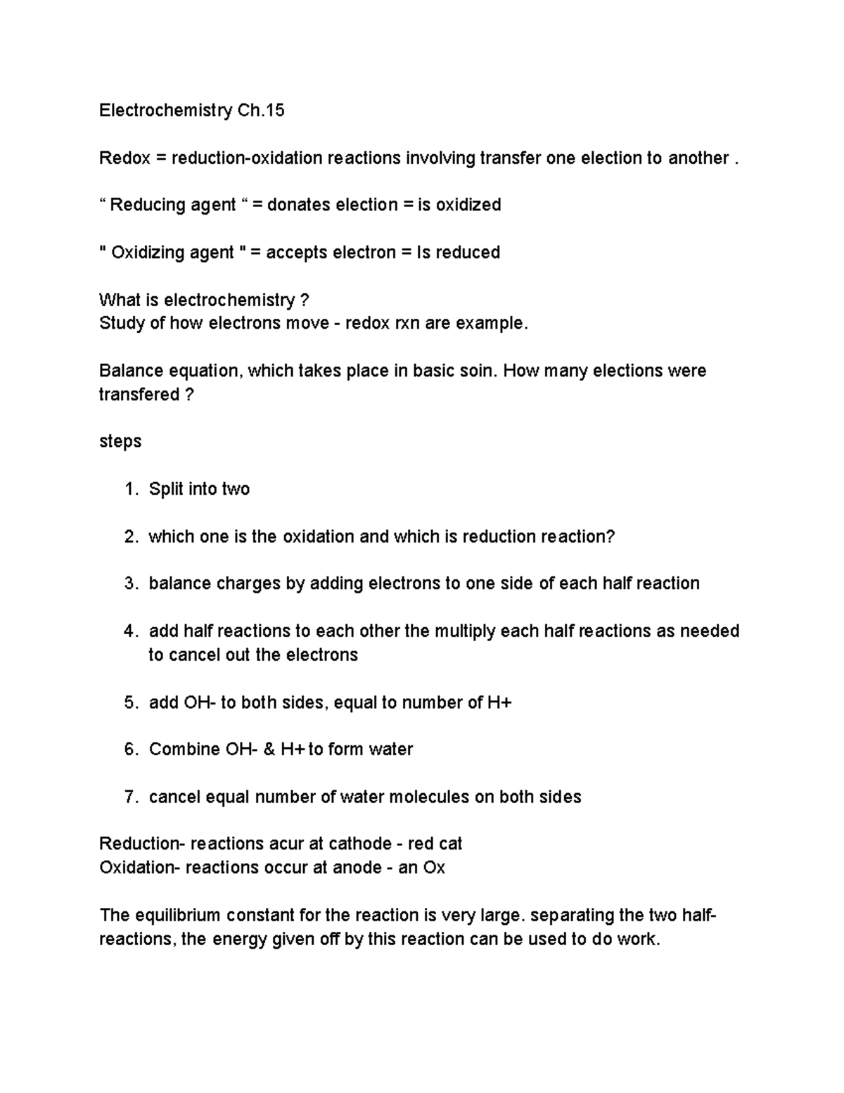 chem ch.15 notes - Electrochemistry Ch. Redox = reduction-oxidation ...