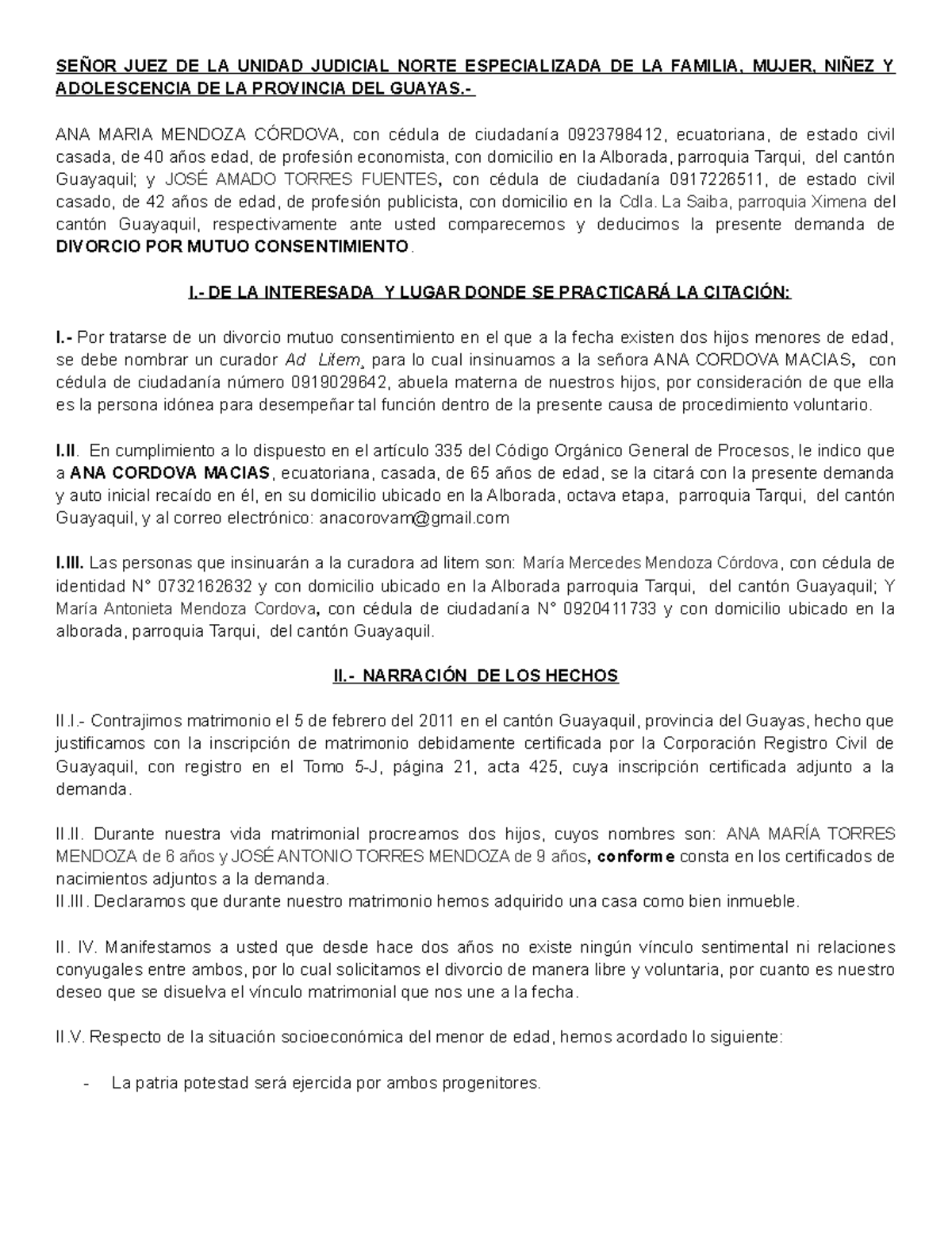 Demanda Divorcio Mutuo Consentimiento - SEÑOR JUEZ DE LA UNIDAD ...