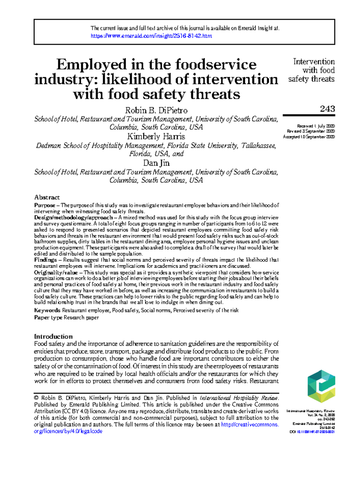 Employed in the foodservice - Employed in the foodservice industry ...