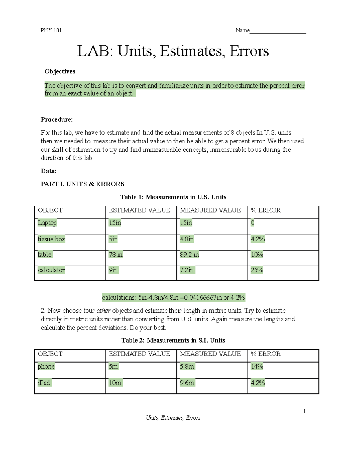 Lab 1 - Andria - PHY 101 Name____________________ LAB: Units, Estimates ...