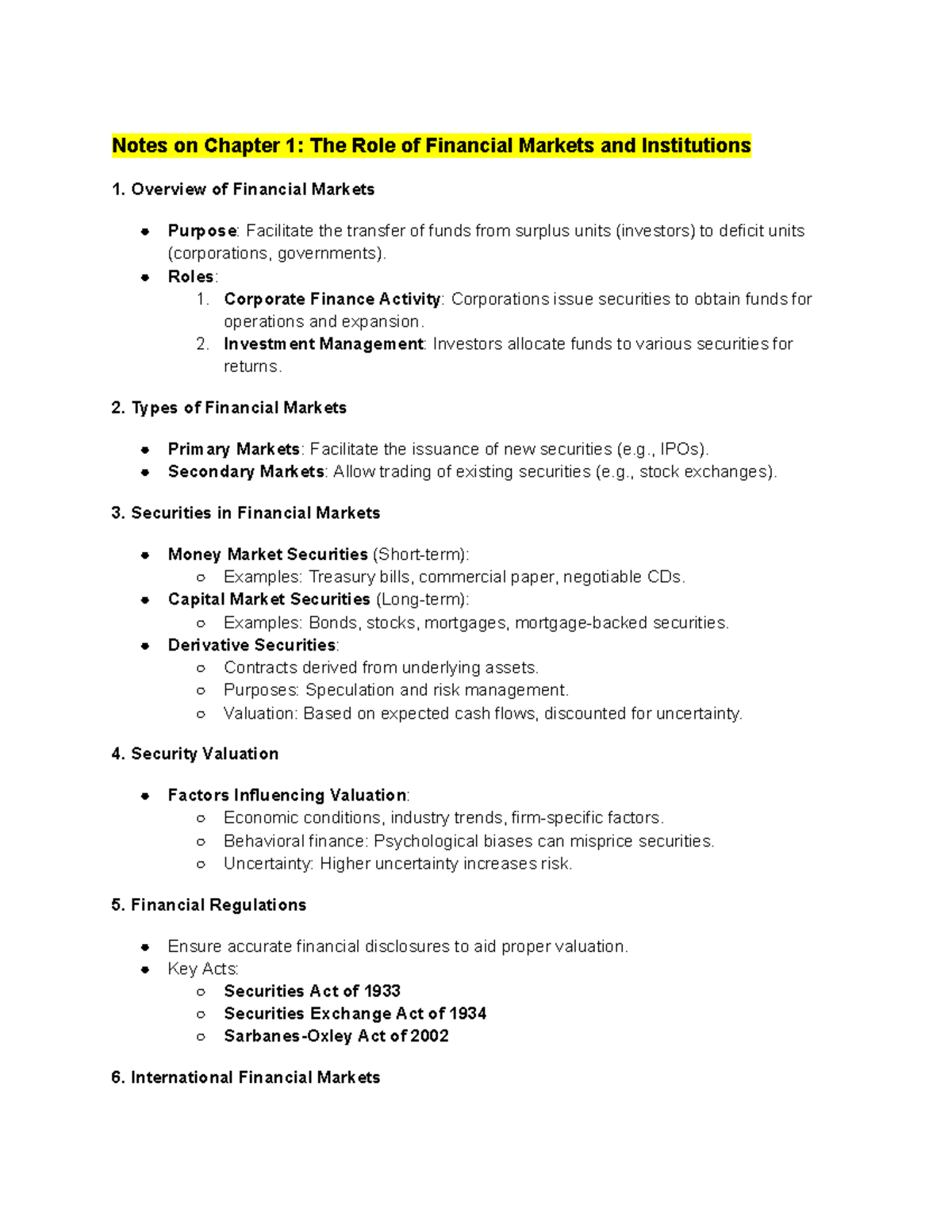 FinMar Chap 1 to 8 notes - Notes on Chapter 1: The Role of Financial ...