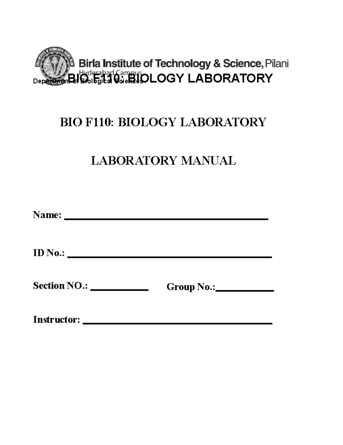 BIO F110 Lab Manual - Bio - BIO F110: BIOLOGY LABORATORY LABORATORY ...