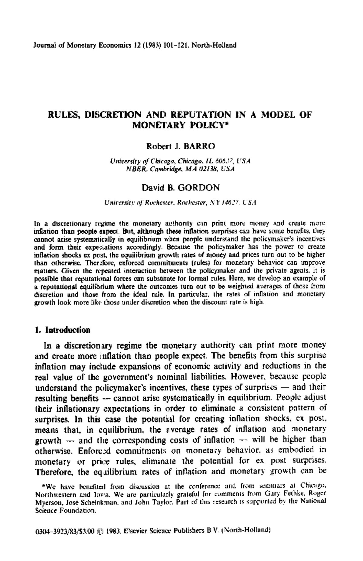 Regla Discreción Gordon Barro - Journal of Monetary Economics 12 (1983 ...