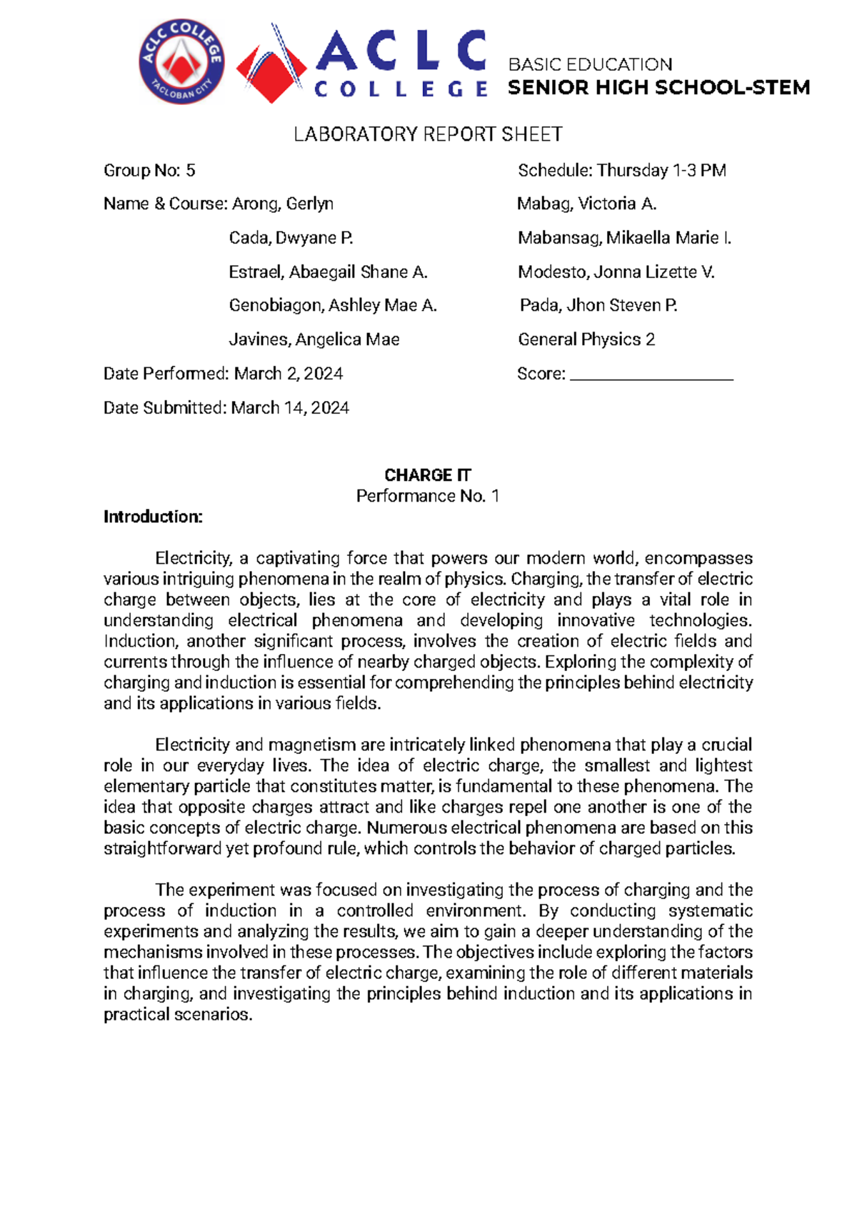 Report- Sheet- Laboratory 5 - SENIOR HIGH SCHOOL-STEM LABORATORY REPORT ...