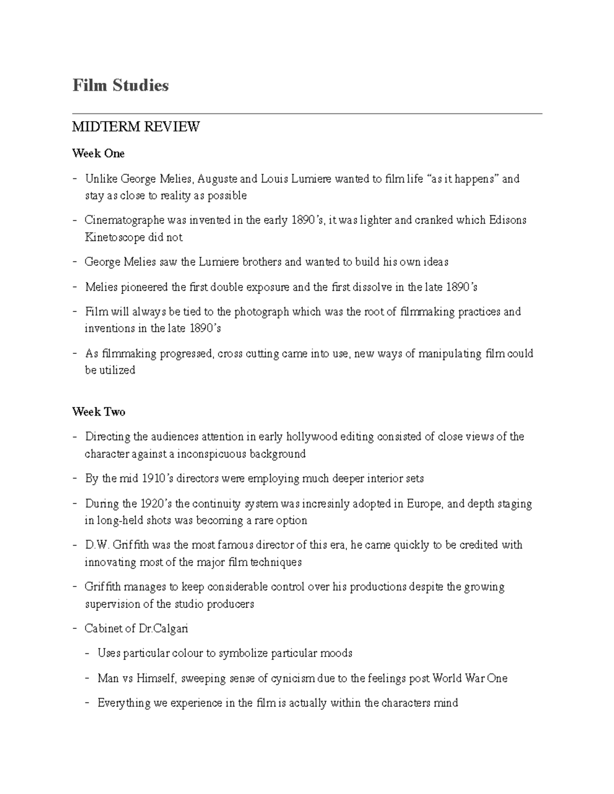 Film Study - midterm review - Film Studies MIDTERM REVIEW Week One ...