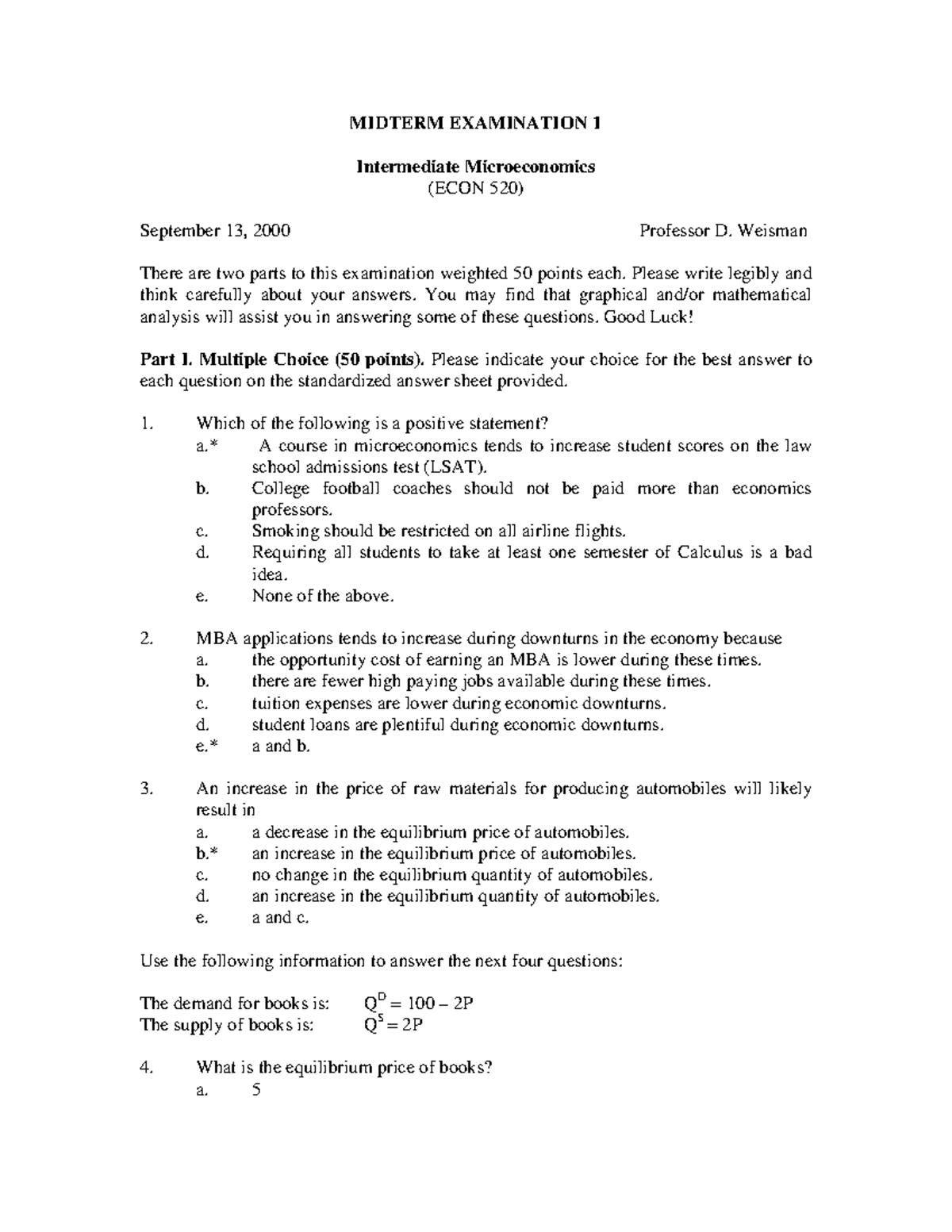 520s1-00 assign - MIDTERM EXAMINATION 1 Intermediate Microeconomics (ECON 520) September 13 ...