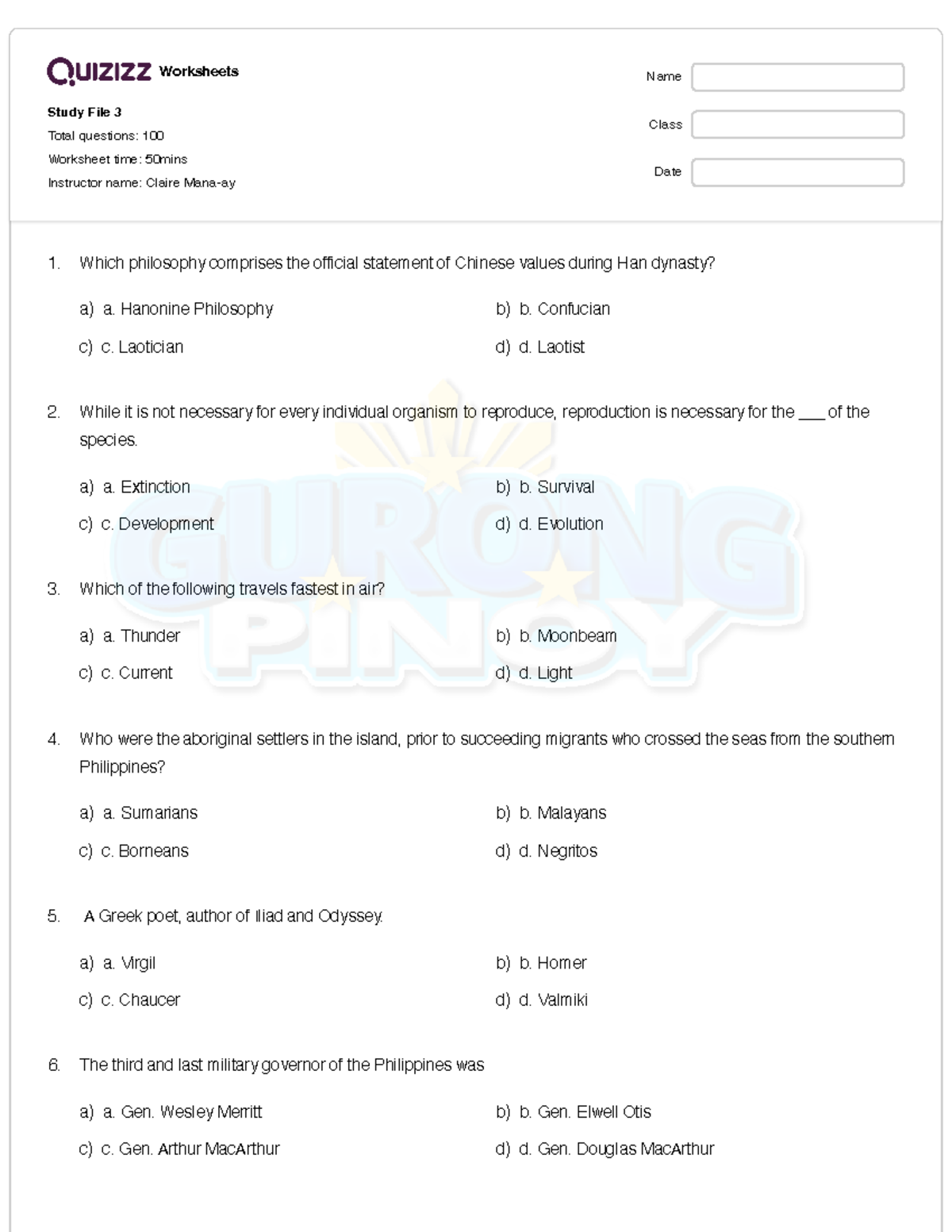 в љclassified Study File 3 Worksheets Study File 3 Total Questions 100