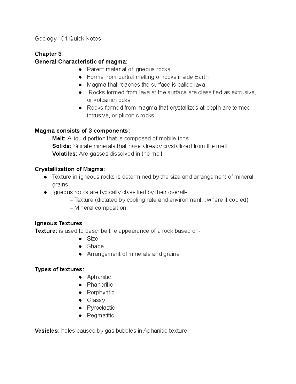 Geology 101 Quick Notes Chapter 3 - . it cooled) - Mineral composition ...