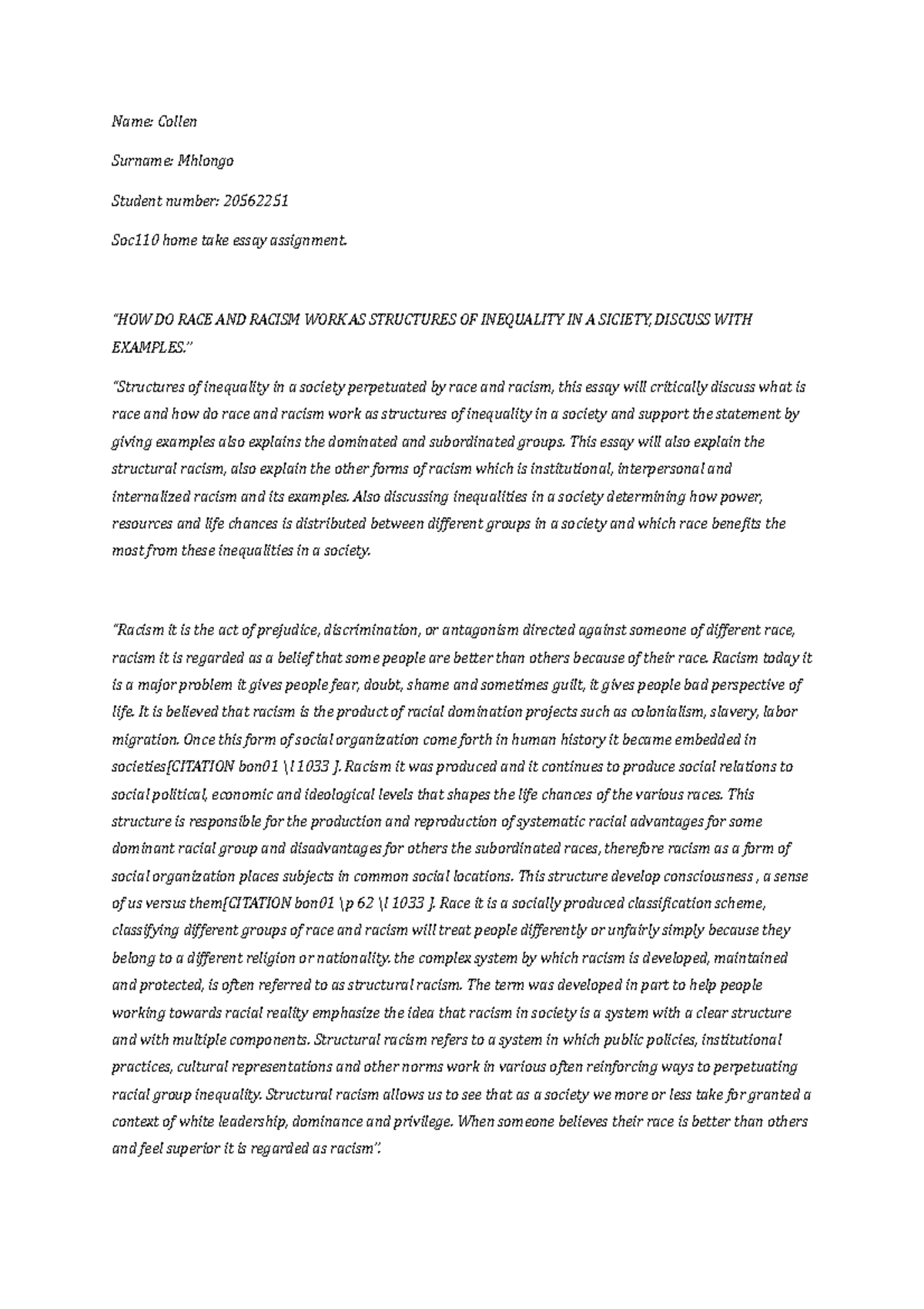 Hometake assignment sociology - Name: Collen Surname: Mhlongo Student ...